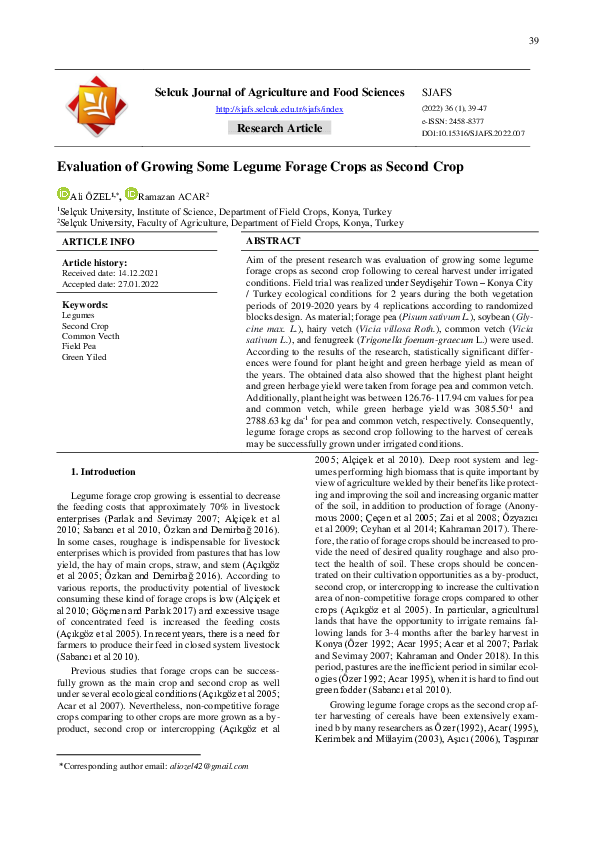 (PDF) Evaluation of Growing Some Legume Forage Crops as Second Crop