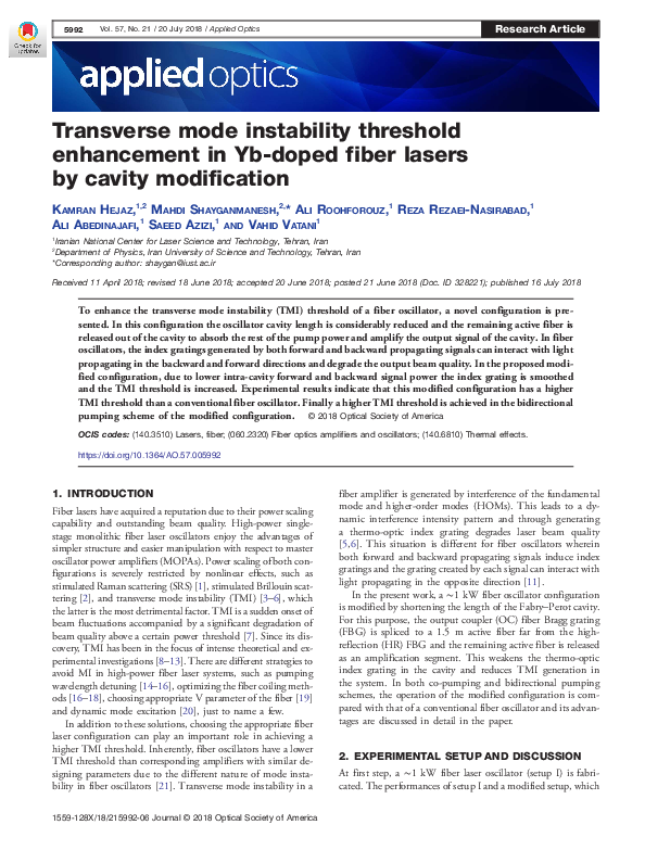 (PDF) Enhanced TMI Threshold in Yb-Fiber Lasers
