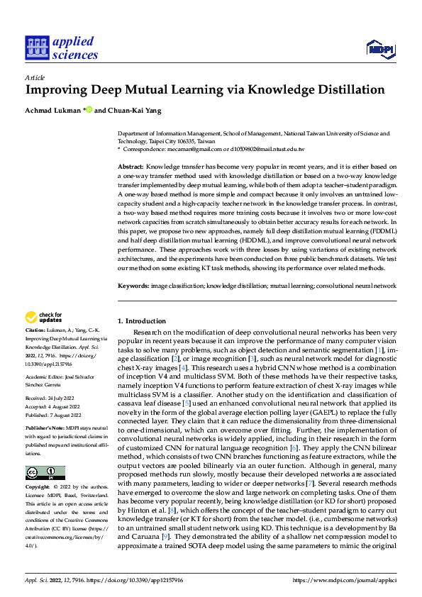(PDF) Improving Deep Mutual Learning via Knowledge Distillation