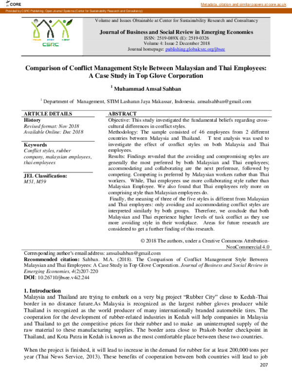 (PDF) Comparison of Conflict Management Style Between Malaysian and ...