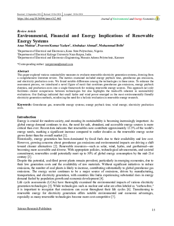 (PDF) Environmental, Financial and Energy Implications of Renewable ...