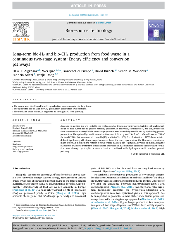 (PDF) Long-term bio-H2 and bio-CH4 production from food waste in a continuous two-stage system ...