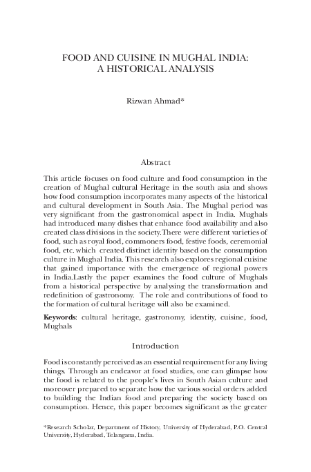 (PDF) FOOD AND CUISINE IN MUGHAL INDIA: A HISTORICAL ANALYSIS