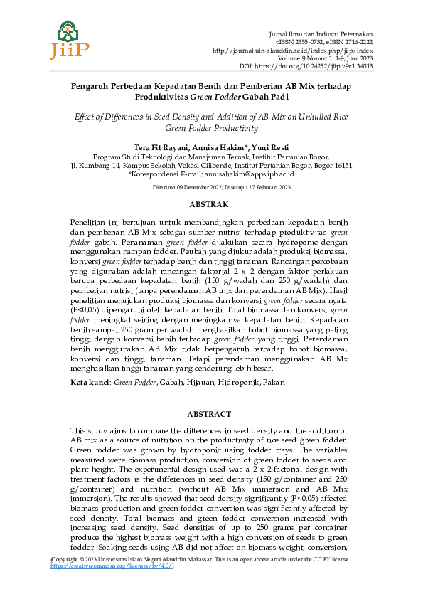 (PDF) Pengaruh Perbedaan Kepadatan Benih dan Pemberian AB Mix terhadap Produktivitas Green ...