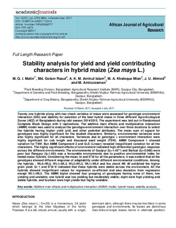 (PDF) Stability analysis for yield and yield contributing characters in hybrid maize (Zea mays L.)