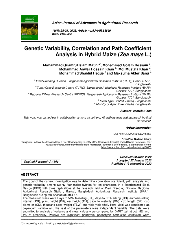 (PDF) Genetic Variability, Correlation and Path Coefficient Analysis in Hybrid Maize (Zea mays L.)