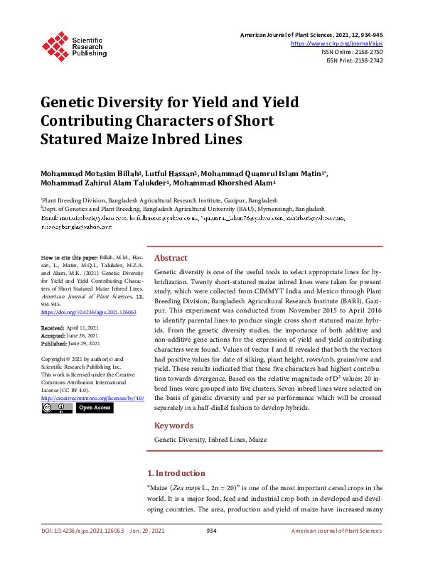 (PDF) Genetic Diversity for Yield and Yield Contributing Characters of ...