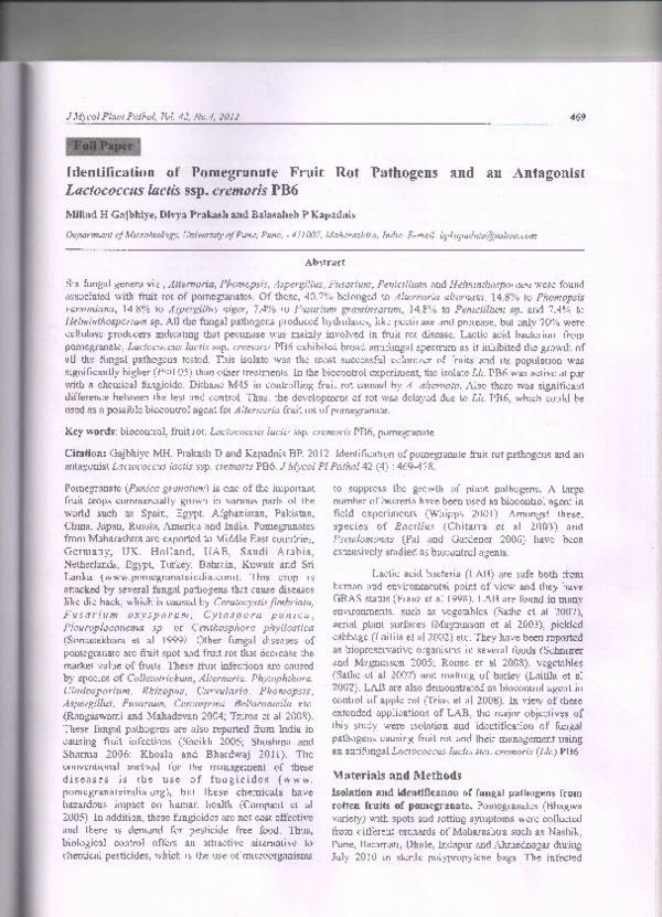 (PDF) Identification of pomegranate fruit rot pathogens and an ...