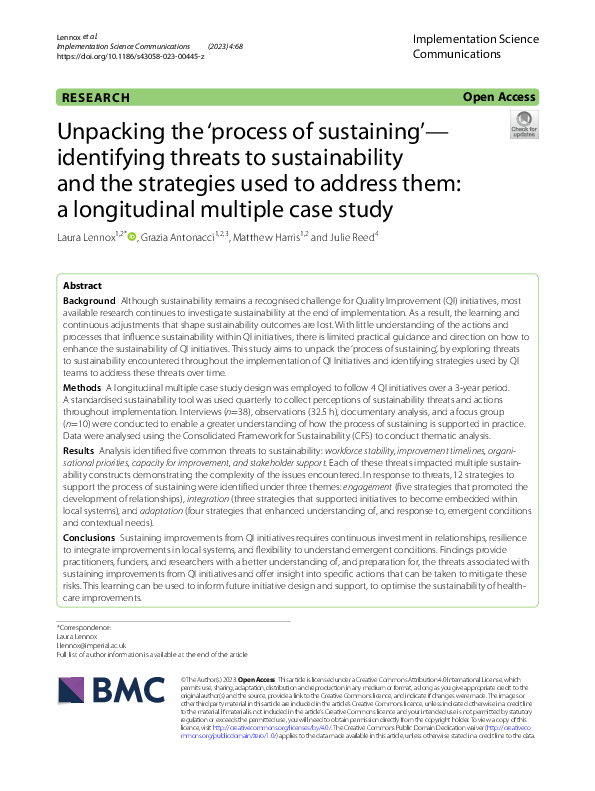 (PDF) Unpacking the ‘process of sustaining’—identifying threats to sustainability and the ...