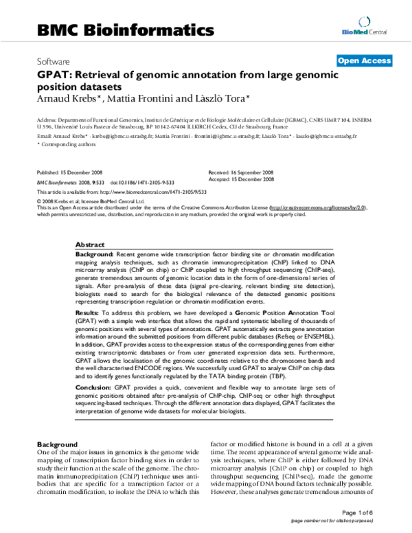 (PDF) GPAT: Retrieval of genomic annotation from large genomic position datasets