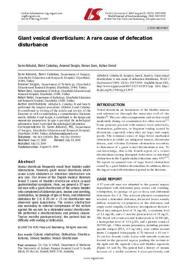 (PDF) Giant vesical diverticulum: A rare cause of defecation disturbance