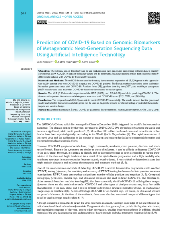 (PDF) Prediction of COVID-19 Based on Genomic Biomarkers of Metagenomic Next-Generation ...