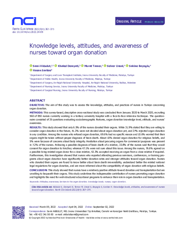 (PDF) Knowledge Levels, Attitudes and Awareness of Nurses Toward Organ ...