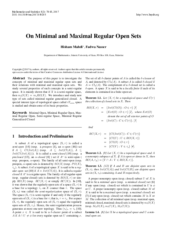 (PDF) On Minimal and Maximal Regular Open Sets