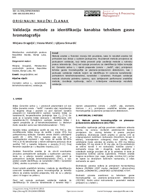 (PDF) Validacija metode za identifikaciju kanabisa tehnikom gasne hromatografije