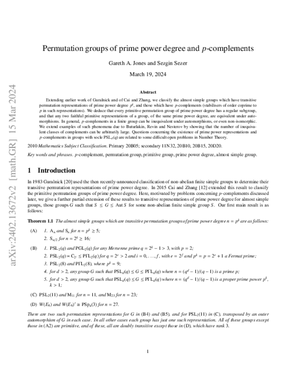 (PDF) Permutation groups of prime power degree and $p$-complements
