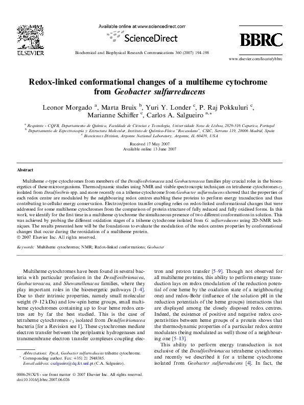 (PDF) Redox-linked conformational changes of a multiheme cytochrome ...