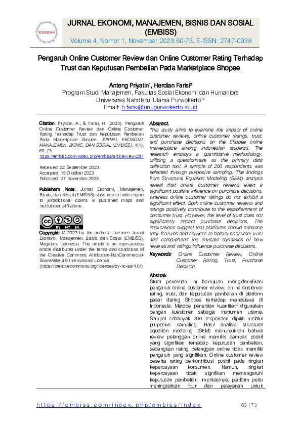 (PDF) Pengaruh Online Customer Review dan Online Customer Rating Terhadap Trust dan Keputusan ...