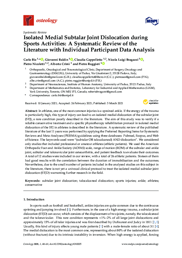 (PDF) Isolated Medial Subtalar Joint Dislocation during Sports Activities: A Systematic Review ...