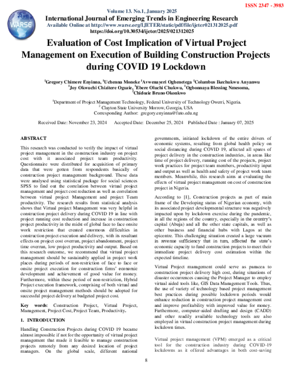 (PDF) Evaluation of Cost Implication of Virtual Project Management on ...