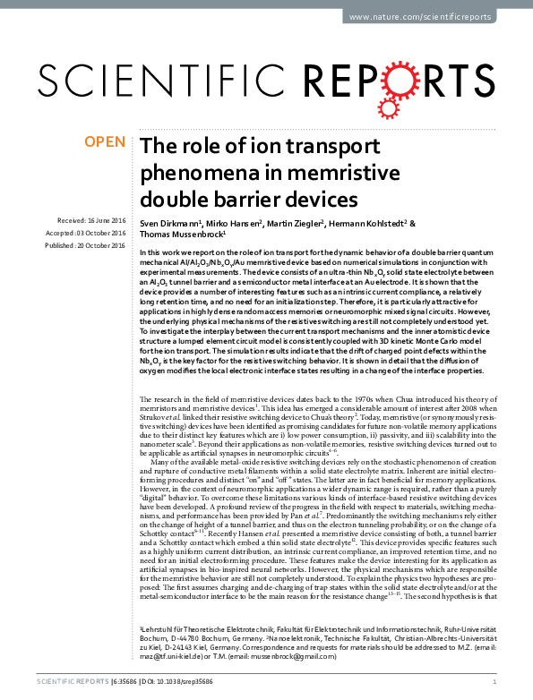 (PDF) The role of ion transport phenomena in memristive double barrier devices
