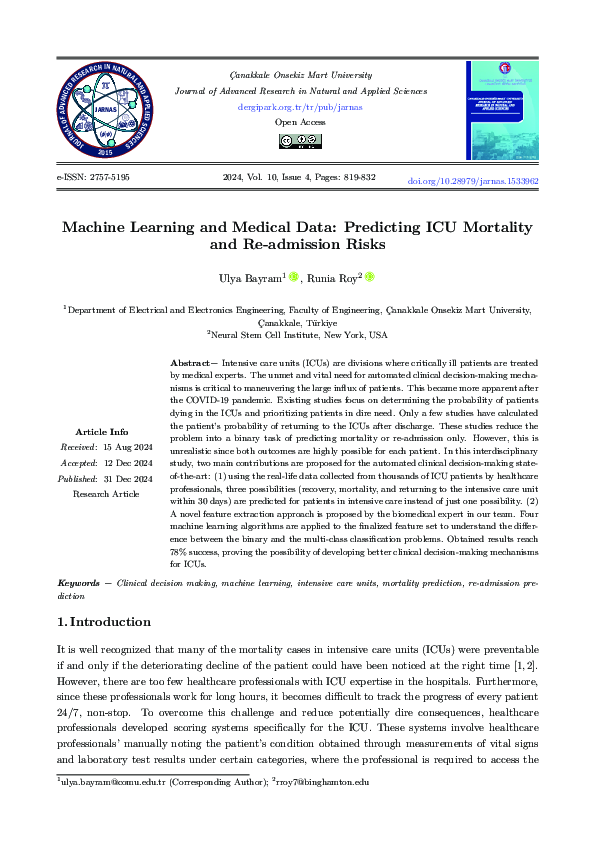 (PDF) Machine Learning and Medical Data: Predicting ICU Mortality and Re-admission Risks