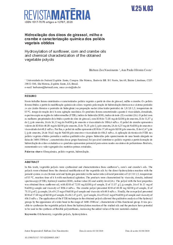(PDF) Hydroxylation of sunflower, corn and crambe oils and chemical ...