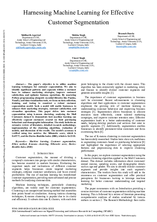 (PDF) Harnessing Machine Learning for Effective Customer Segmentation