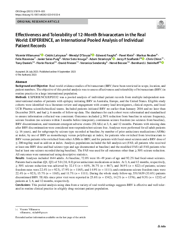 (PDF) Effectiveness and Tolerability of 12-Month Brivaracetam in the Real World: EXPERIENCE, an ...