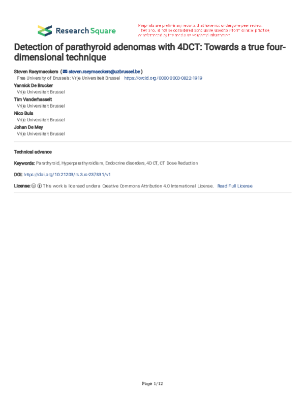 (PDF) Detection of parathyroid adenomas with 4DCT: Towards a true four ...