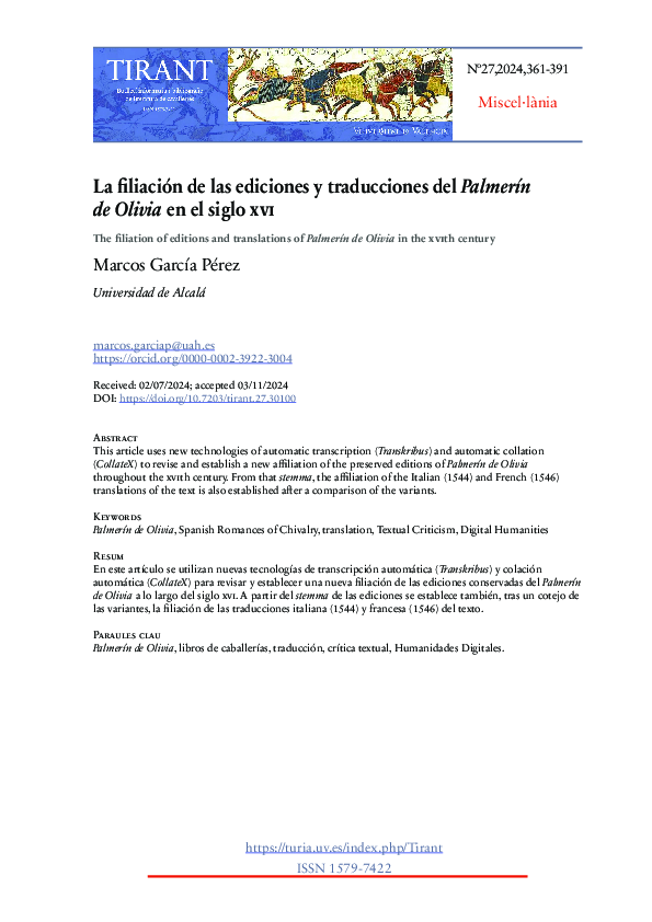 (PDF) La filiación de las ediciones y traducciones del Palmerín de Olivia en el siglo XVI