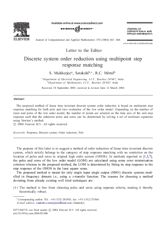 Pdf Discrete System Order Reduction Using Multipoint Step Response Matching