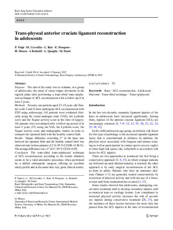 (PDF) Transphyseal Anterior Cruciate Ligament Reconstruction Using ...