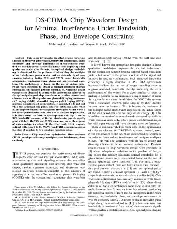 (PDF) DS-CDMA chip waveform design for minimal interference under bandwidth, phase, and envelope ...