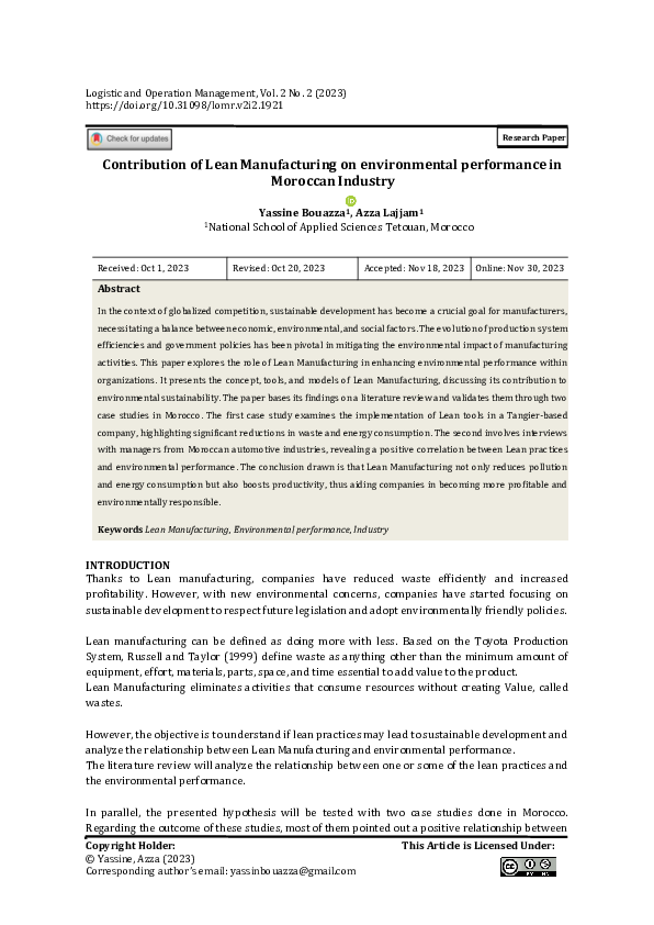 (PDF) Contribution of Lean Manufacturing on environmental performance in Moroccan Industry