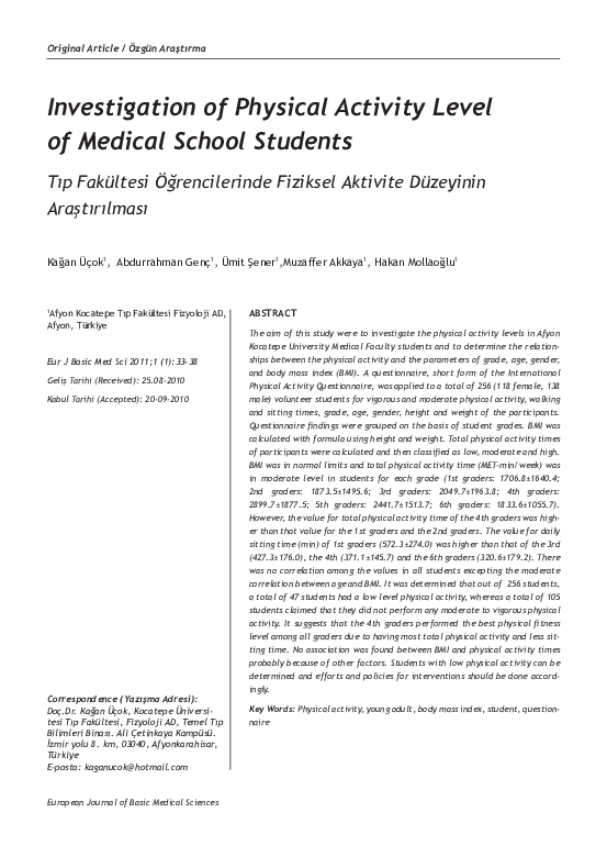 (PDF) Investigation of Physical Activity Level of Medical School Students