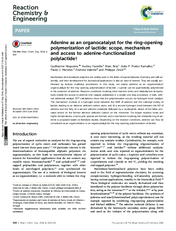 (PDF) Adenine as an organocatalyst for the ring-opening polymerization ...