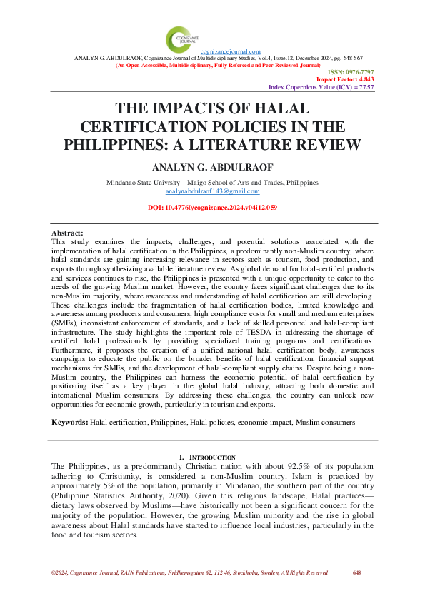 (PDF) THE IMPACTS OF HALAL CERTIFICATION POLICIES IN THE PHILIPPINES: A LITERATURE REVIEW