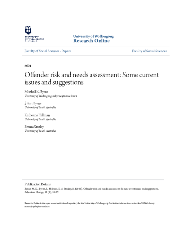 (PDF) Offender Risk and Needs Assessment: Some Current Issues and ...