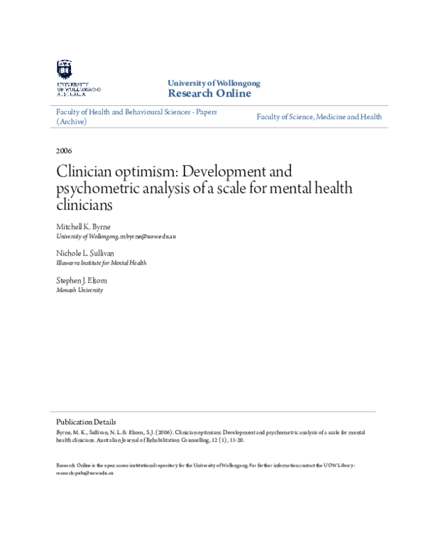 (PDF) Clinician Optimism: Development and Psychometric Analysis of a ...