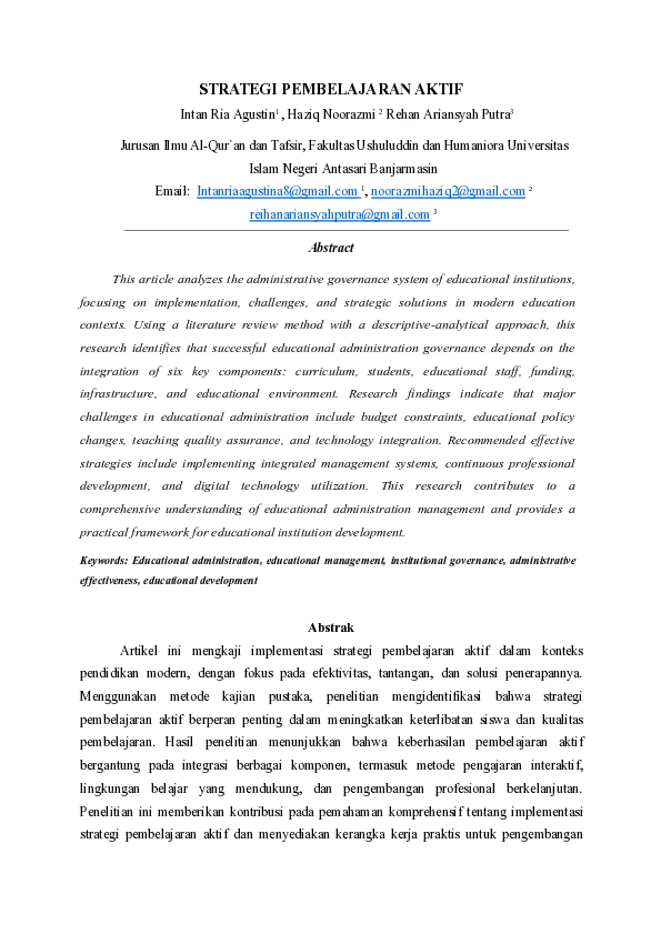 Pdf Artikel Strategi Pembelajaran Aktif