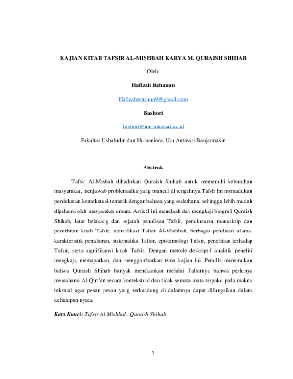 (PDF) Kajian Kitab Tafsir Al Mishbah Karya M. Quraish Shihab