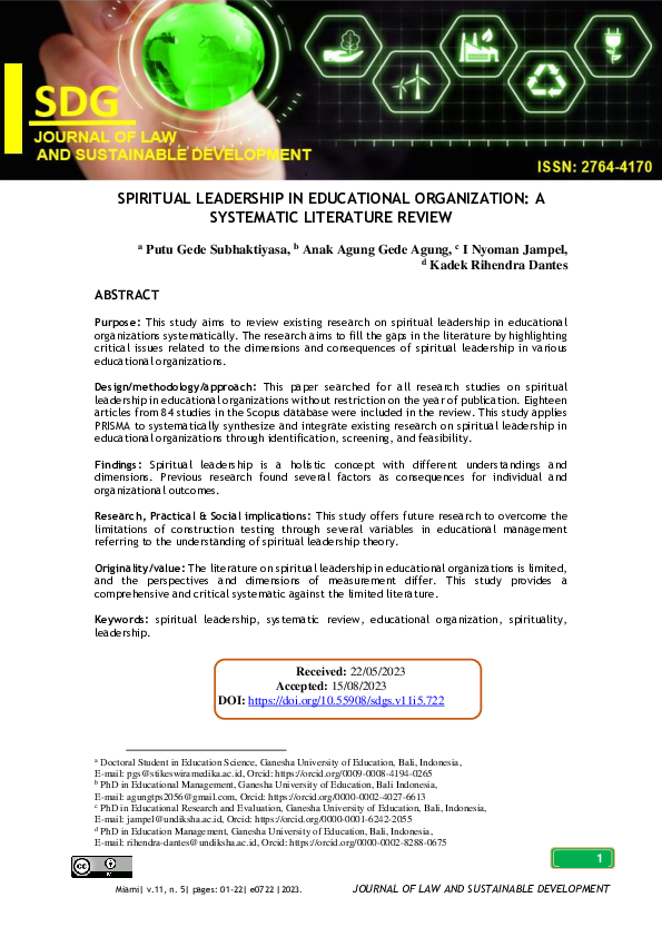(PDF) Spiritual Leadership in Educational Organization: A Systematic ...