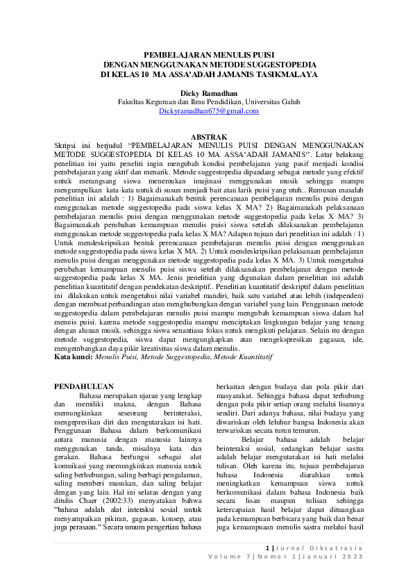 (PDF) Pembelajaran Menulis Puisi Dengan Menggunakan Metode Suggestopedia DI Kelas 10 Ma Assa ...