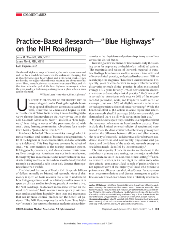 (PDF) Practice-Based Research—“Blue Highways” on the NIH Roadmap