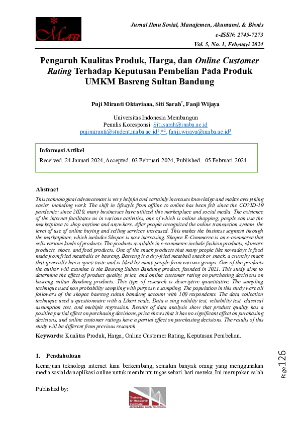 (PDF) Pengaruh Kualitas Produk, Harga, dan Online Customer Rating Terhadap Keputusan Pembelian ...