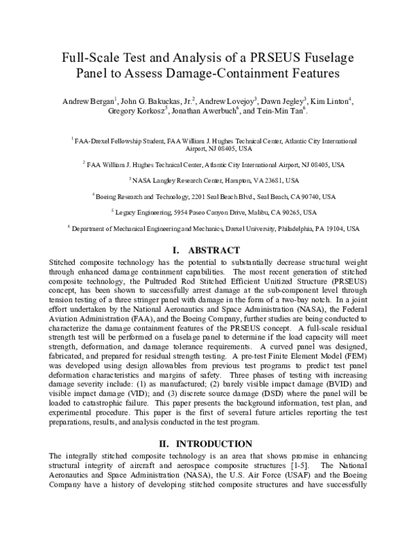 (PDF) Full-Scale Test and Analysis of a PRSEUS Fuselage Panel to Assess ...