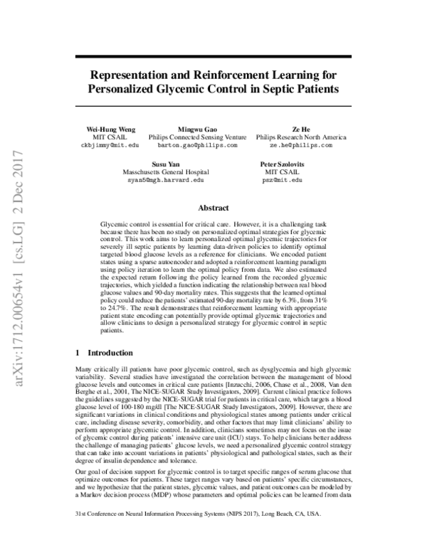 (PDF) Representation and Reinforcement Learning for Personalized Glycemic Control in Septic Patients