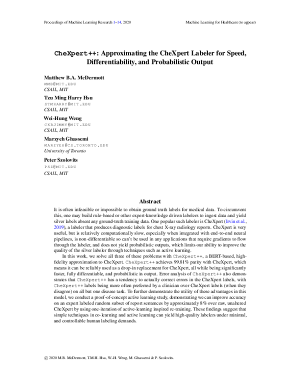 (PDF) CheXpert++: Approximating the CheXpert Labeler for Speed, Differentiability, and ...