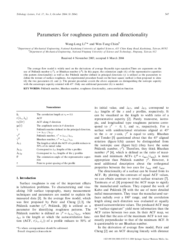 (PDF) Parameters for Roughness Pattern and Directionality